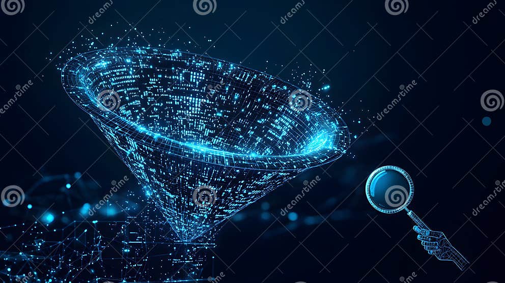 Digital Data Funnel with Magnifying Glass in Futuristic Style Stock ...