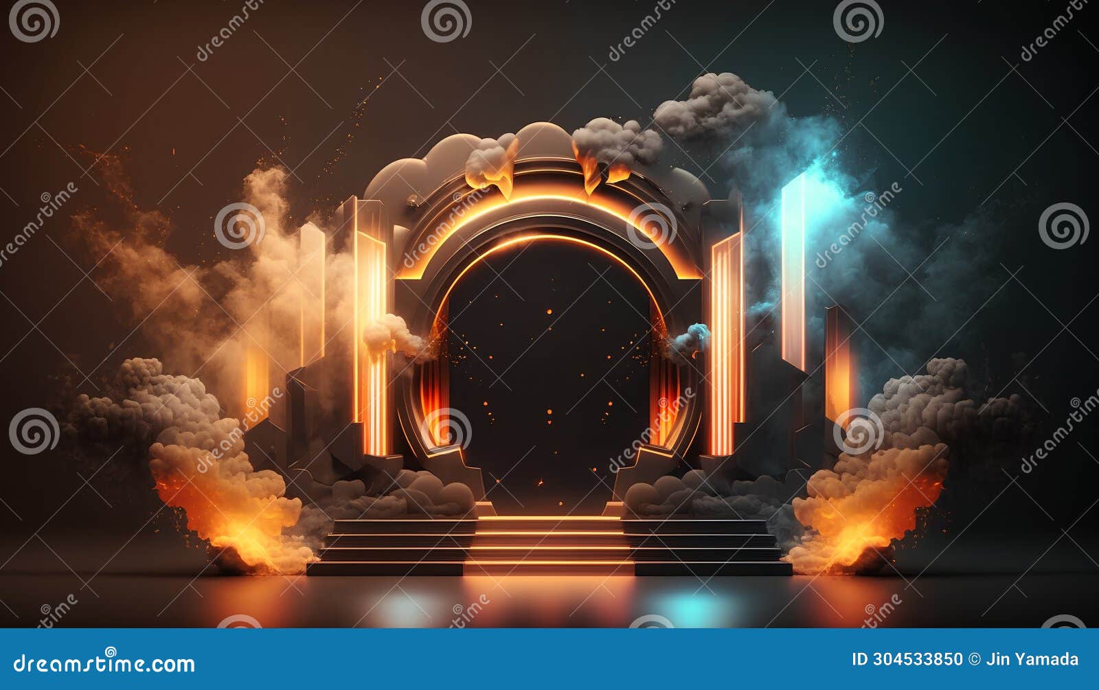 Abstract Futuristic Arch with Smoke and Fire, 3d Render Illustration ...