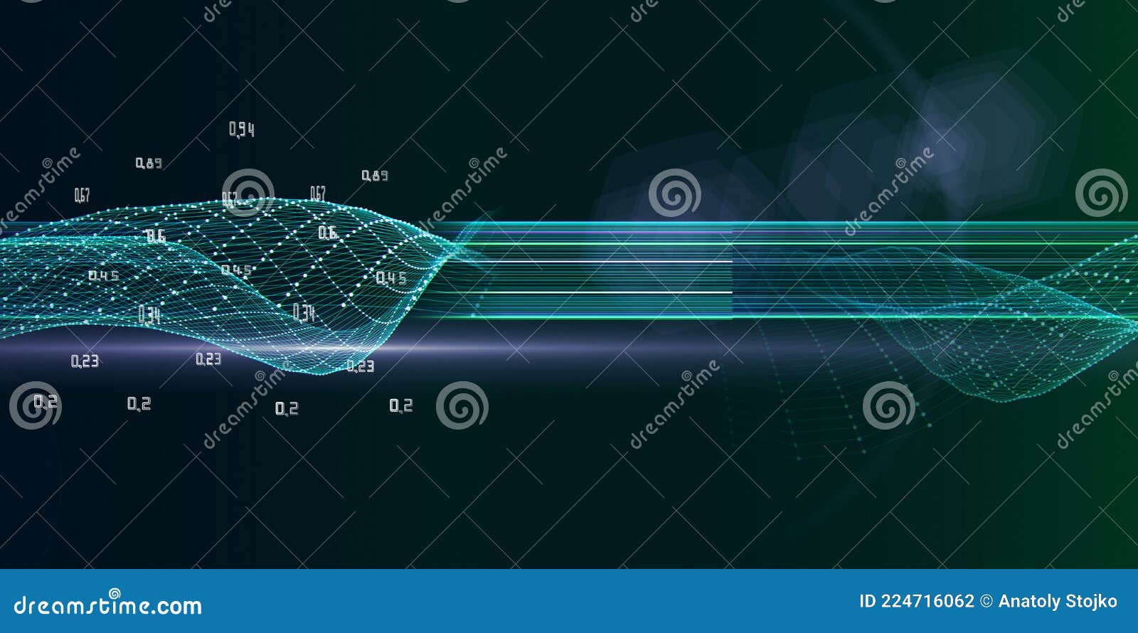 Abstract Futuristic Background With Wavy Wireframe Grid Data And Blurred Lines On Dark Big