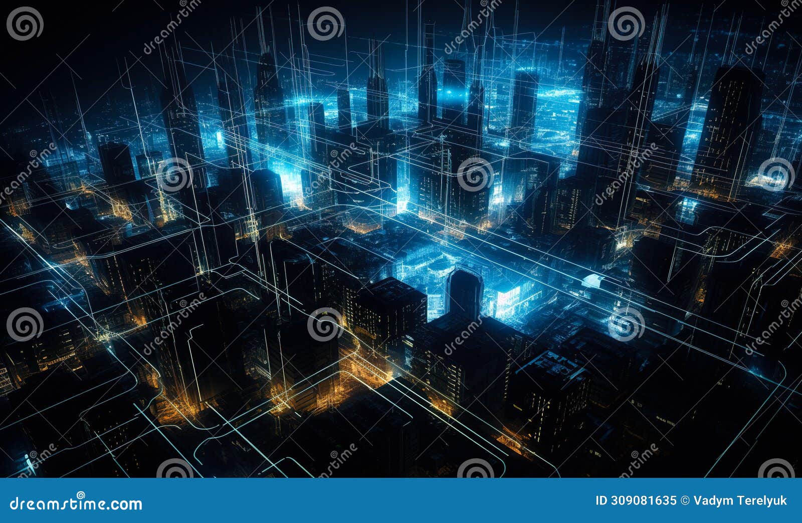 Abstract Futuristic City with Binary Code Network Background Stock ...