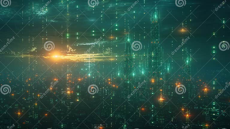 Abstract Futuristic Cityscape with Digital Code Rain Effect. Technology ...