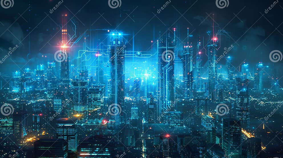 Abstract Futuristic Cityscape with Digital Code Rain Effect. Technology ...