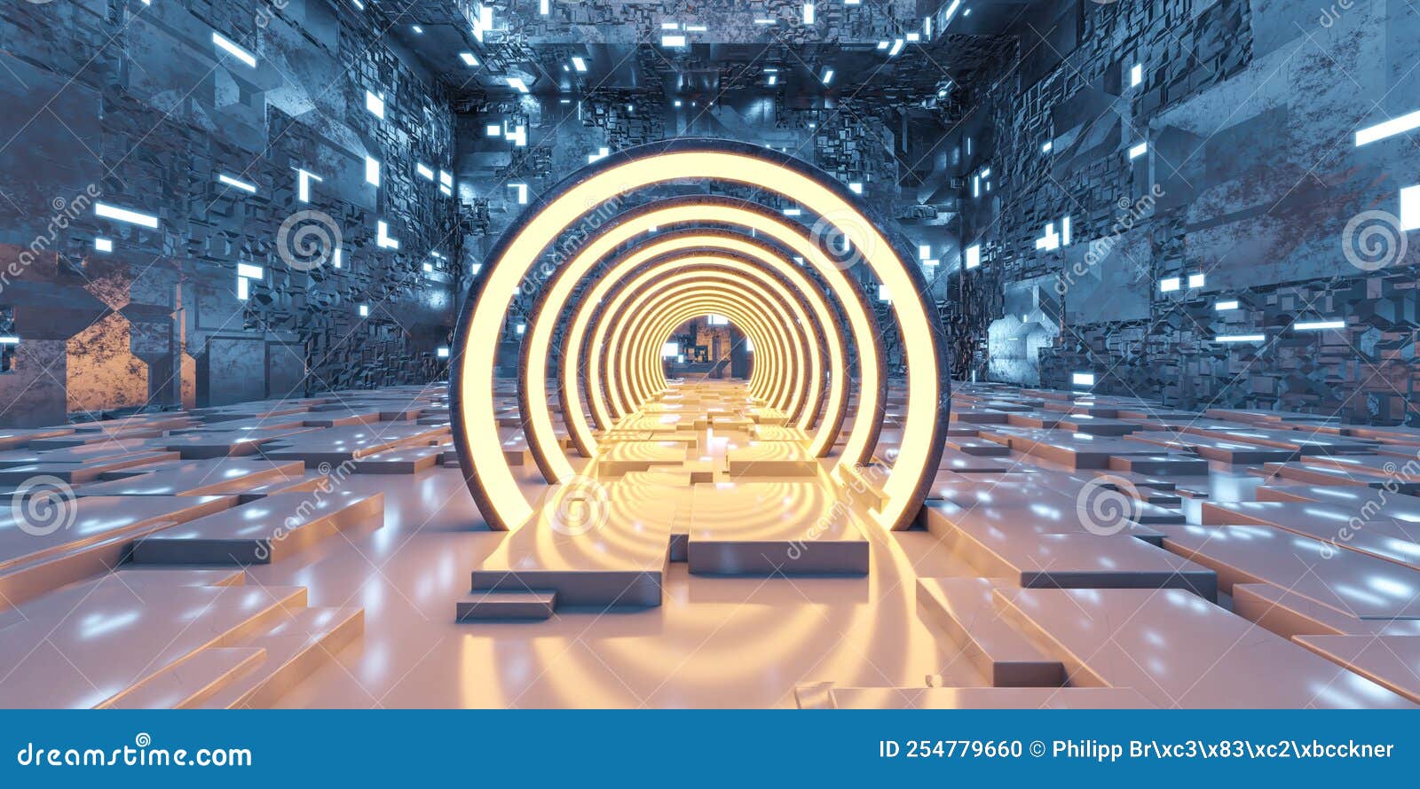 Abstract Futuristic Gate Way Technology Hall Studio with Blue and ...