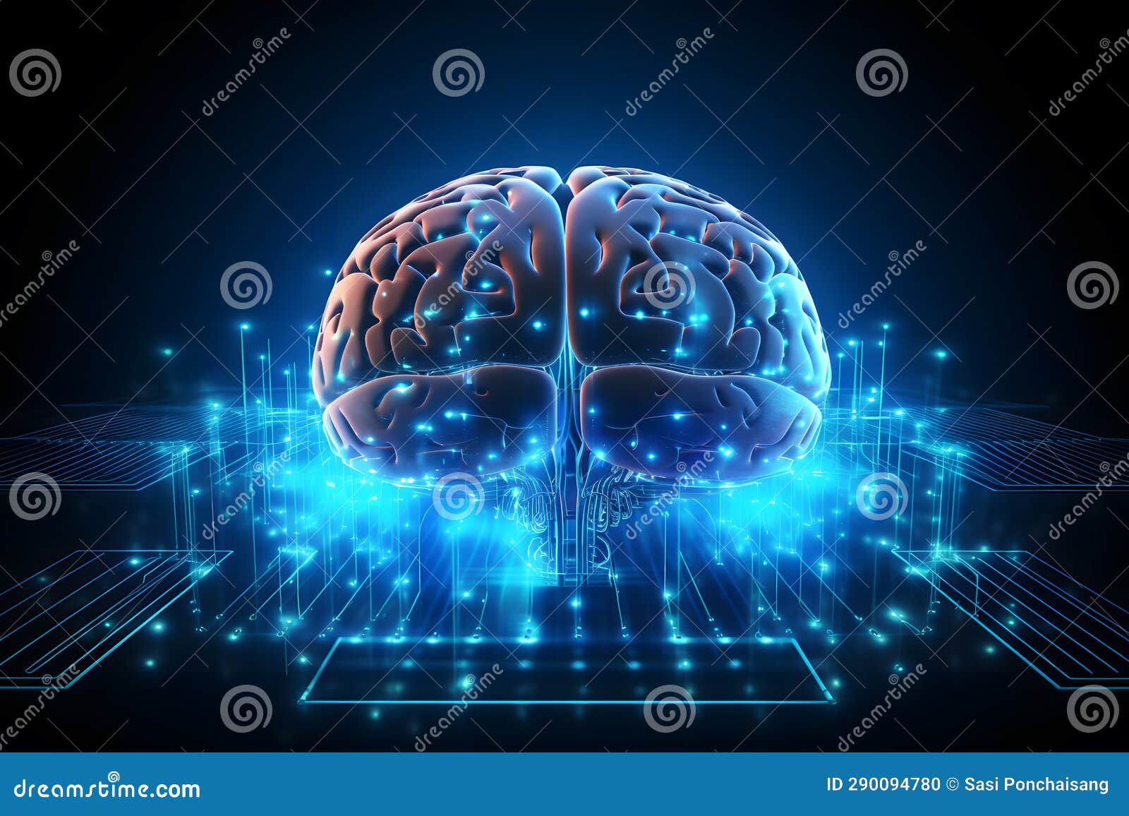 Abstract Futuristic Human Brain with Circuit Board and Mash Line To ...