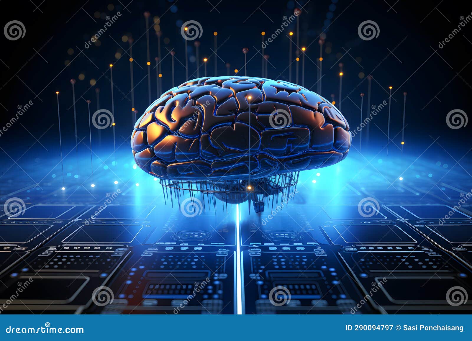 Abstract Futuristic Human Brain with Circuit Board and Mash Line To ...