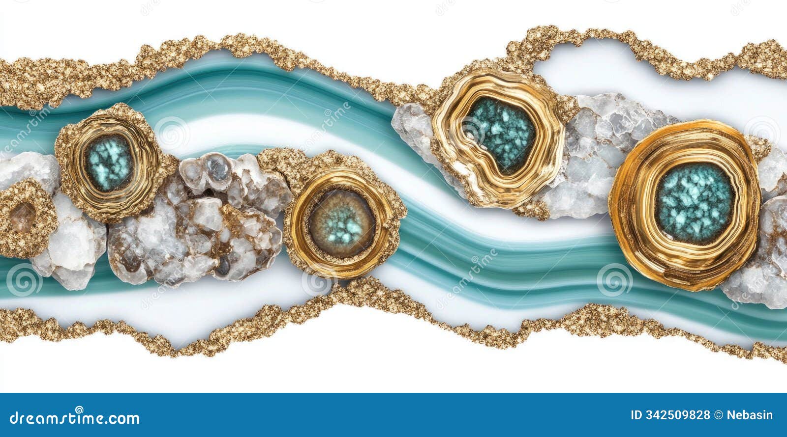 Abstract Geode Art with Gold, Crystals, and Turquoise Waves on White ...
