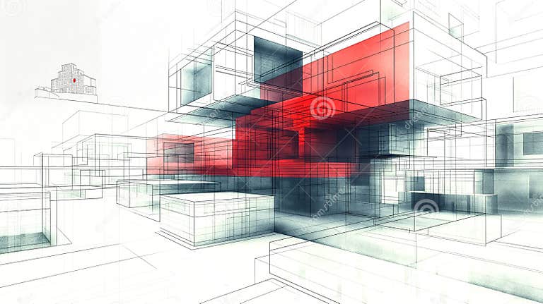 Abstract Geometric Architectural Design of Cubes with Red Accent on ...