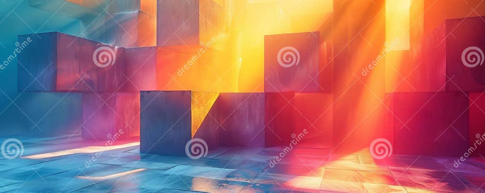 Abstract Geometric Art with Colorful Cubes and Sunlight Rays in Modern ...