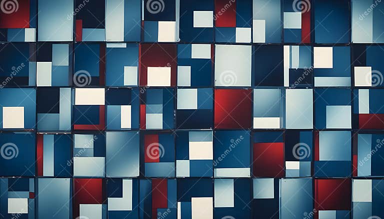 Abstract Geometric Background with a Grid of Rectangular Panels in Shades of Blue, Red, and ...