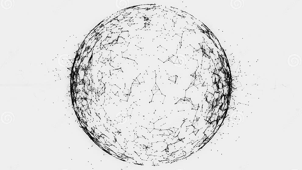 Abstract Geometric Background with Moving Lines, Dots and Triangles. Sphere, Globe and Space in ...