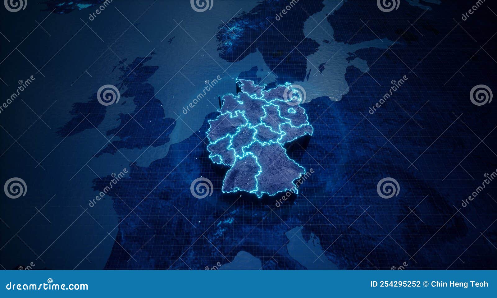 Abstract Geometric Futuristic Concept 3d Map of Germany with Borders As Scribble, Blue Neon ...