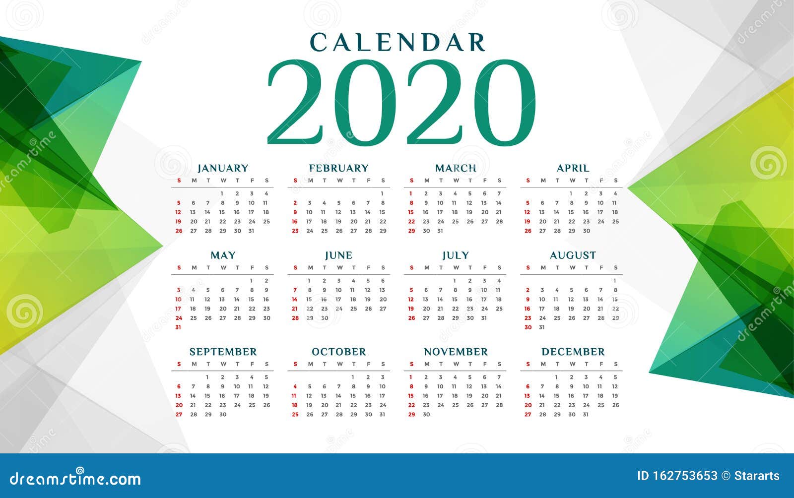 2020 Abstract Geometric Green Calendar Design Template Stock Vector ...