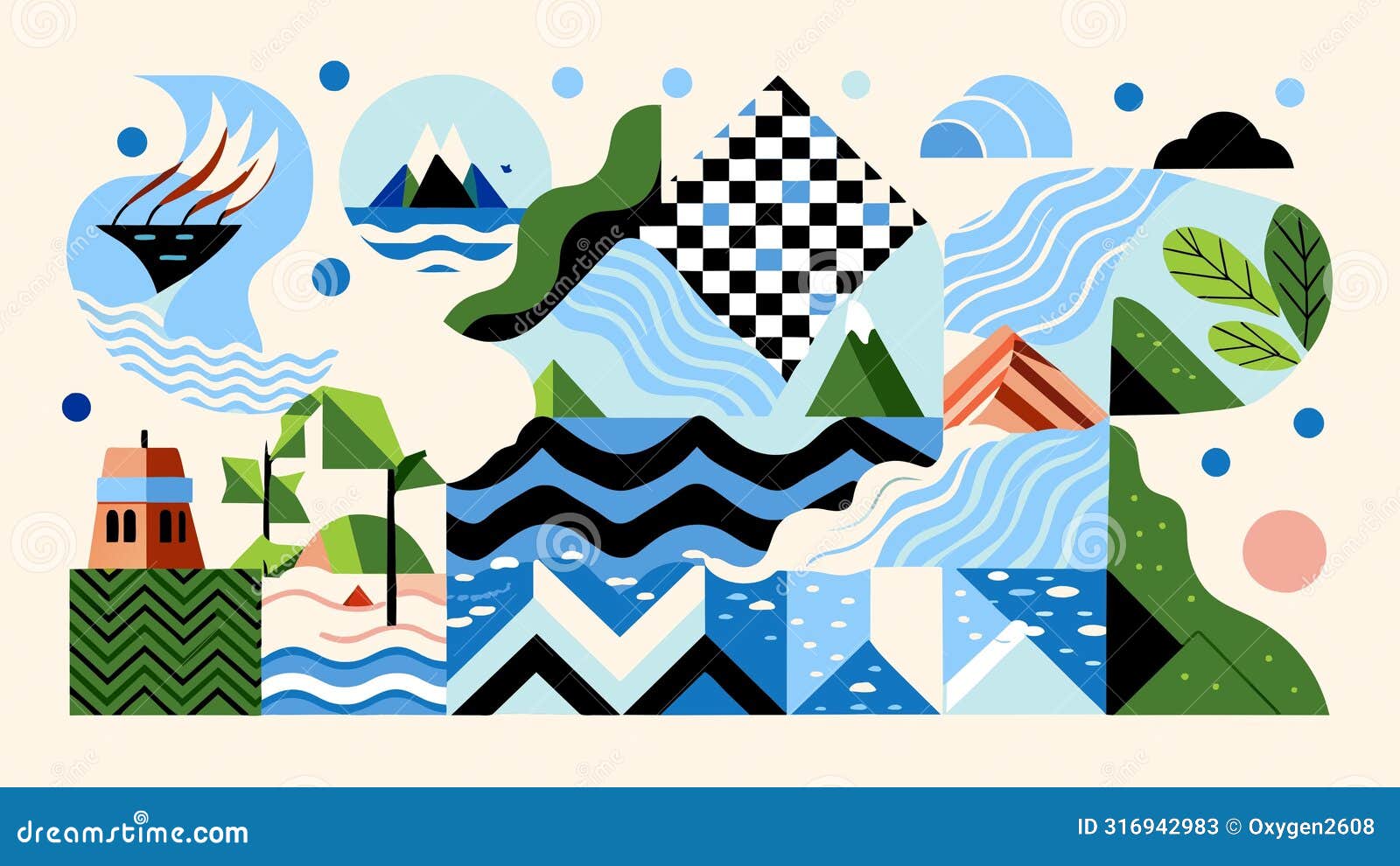 Abstract Geometric Landscape with Nautical Elements Illustration Stock ...