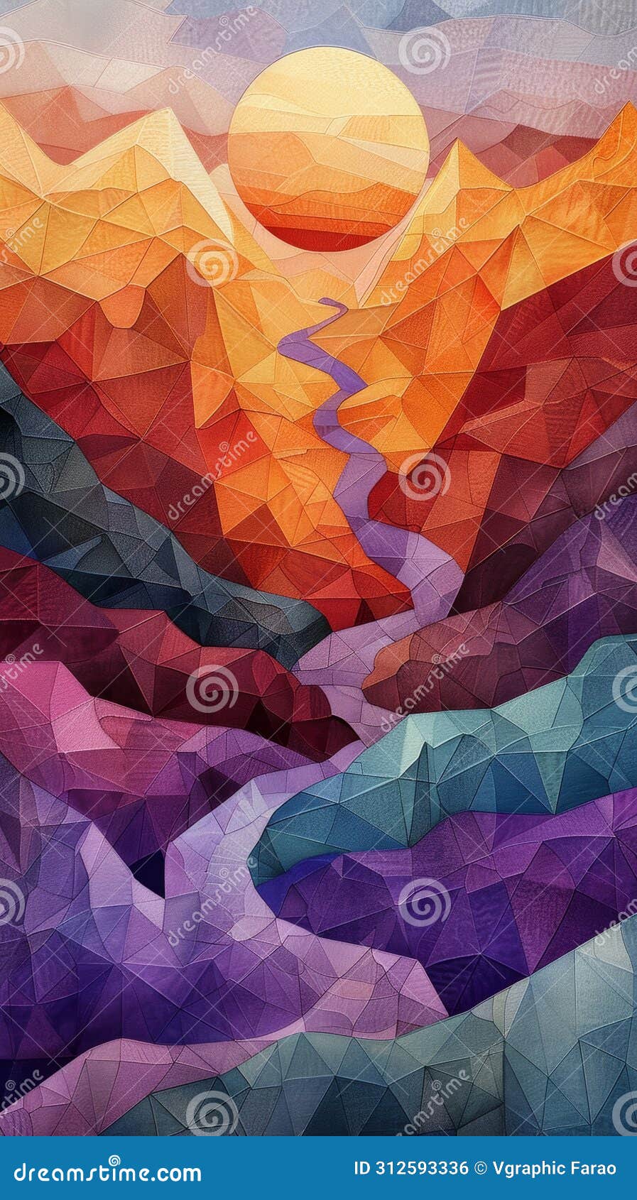 Abstract Geometric Landscape with River and Sun Stock Photo - Image of ...