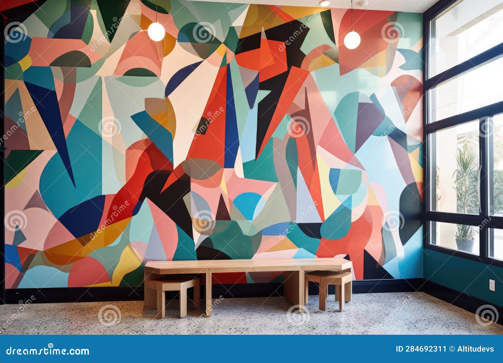 Abstract Geometric Mural with Bold Shapes Represented in Different ...