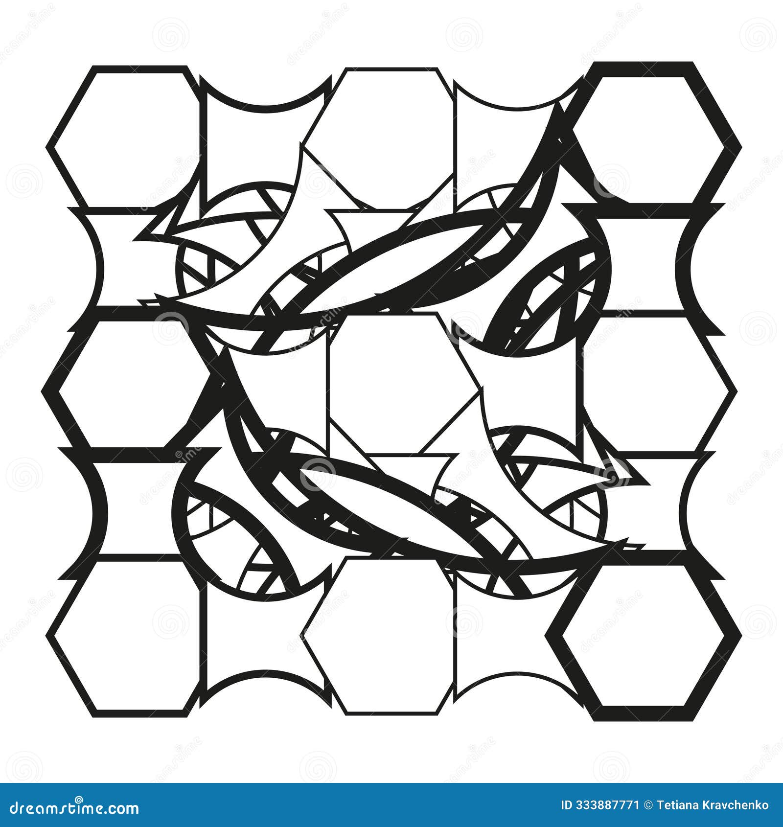 Abstract Geometric Pattern. Hexagons and Curved Shapes. Black and White ...