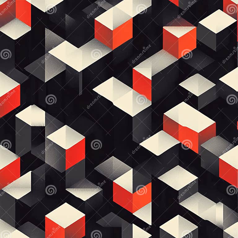 Abstract Geometric Pattern with Red and White Cubes on a Black ...
