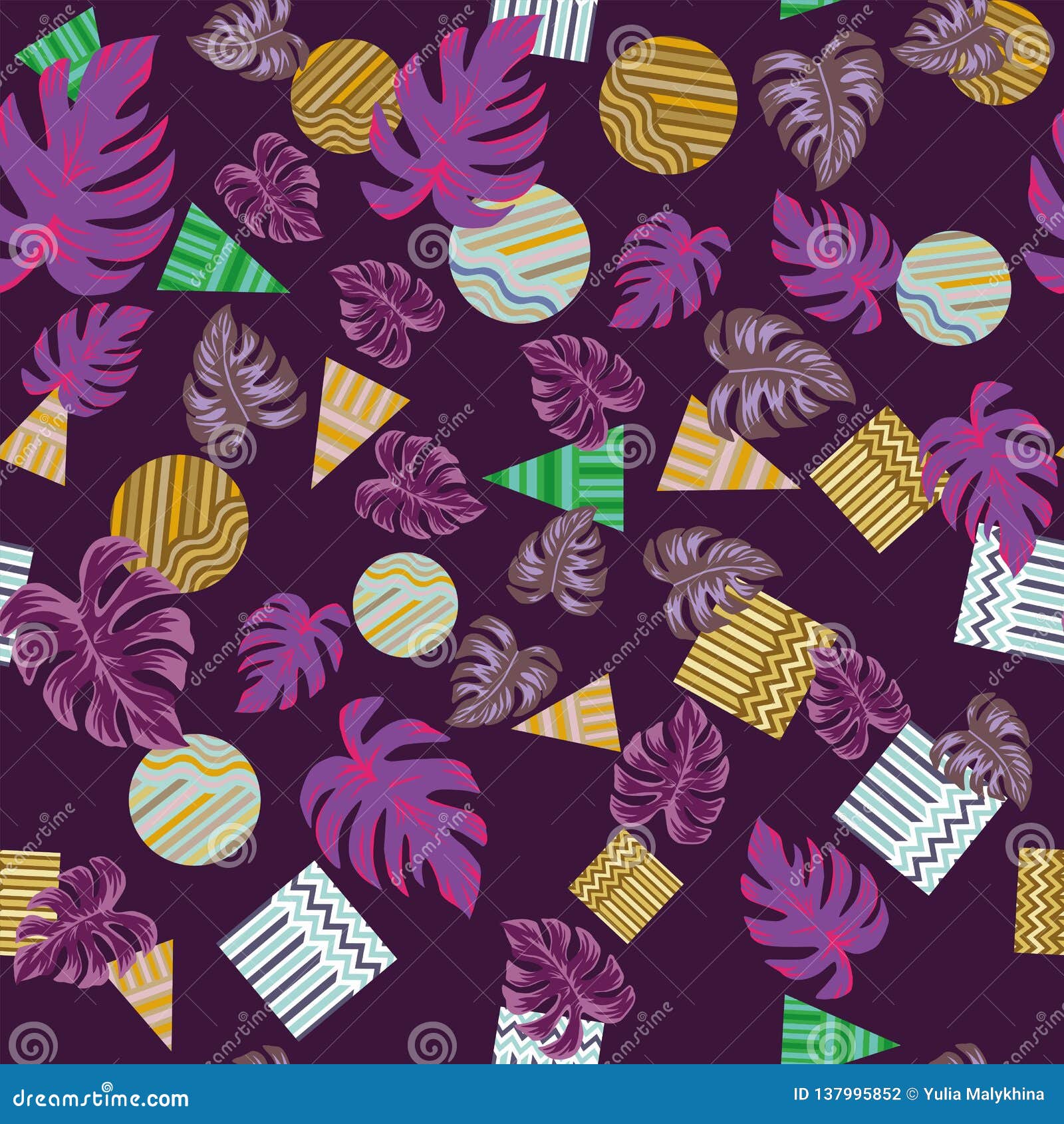 Abstract Geometric Pattern Tropical Leaves Seamless Bordo Background ...