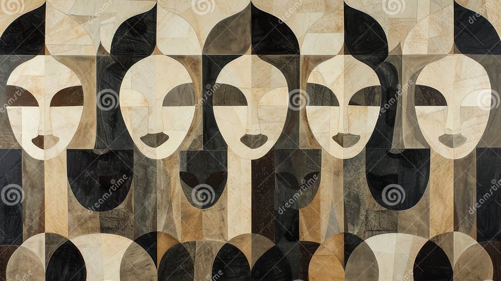Abstract Geometric Portrait of Multiple Female Faces in Neutral Tones ...