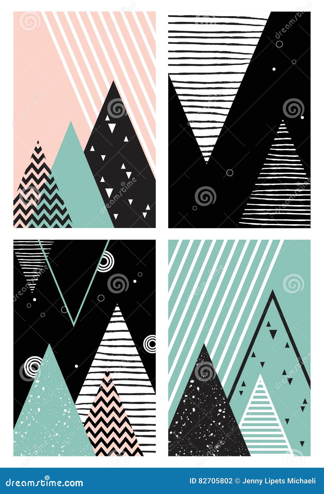 Abstract Geometric Scandinavian Style Pattern Set with Mountains, Trees ...