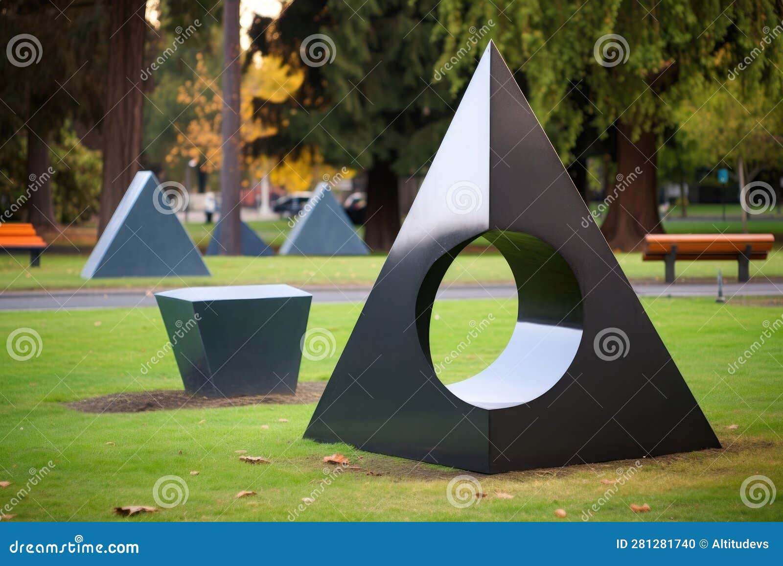 Abstract Geometric Sculpture in a Public Park Stock Illustration ...