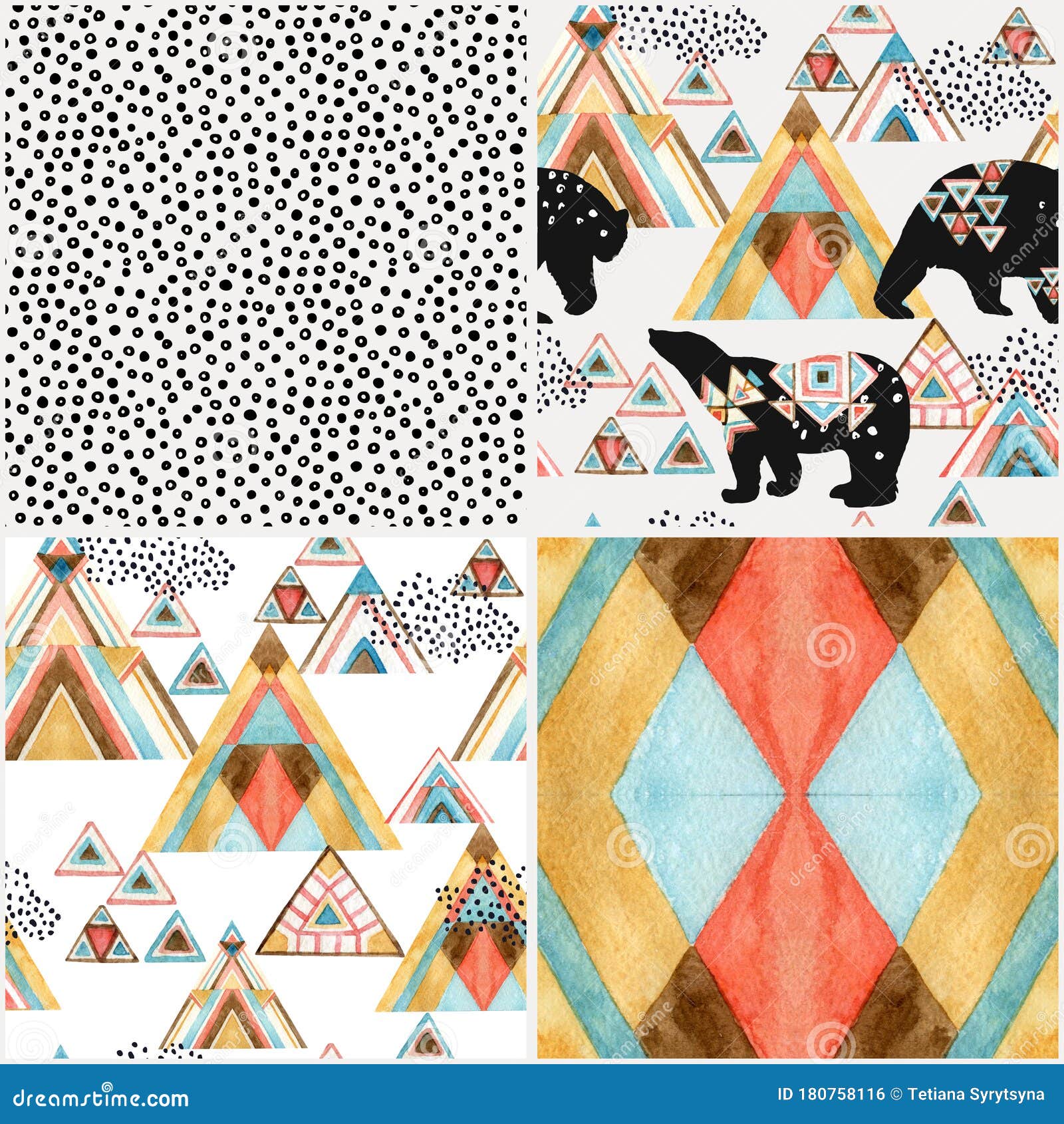 Abstract Geometric Seamless Pattern with Polar Bear, Watercolor ...