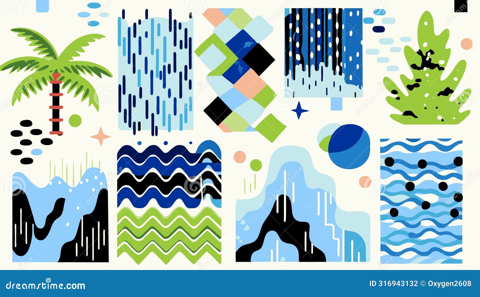 Abstract Geometric Shapes and Tropical Elements Vector Set Stock Photo ...