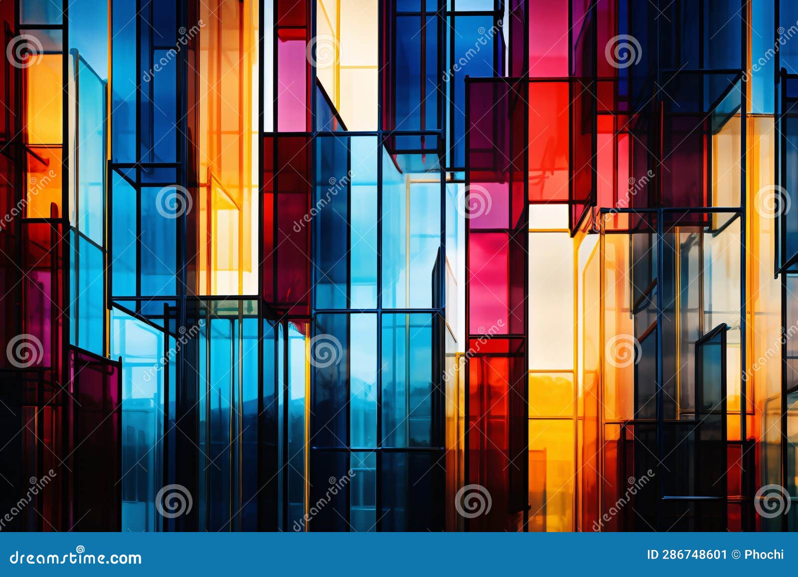 Abstract Glass Building with Multi Colored Lines Stock Illustration ...
