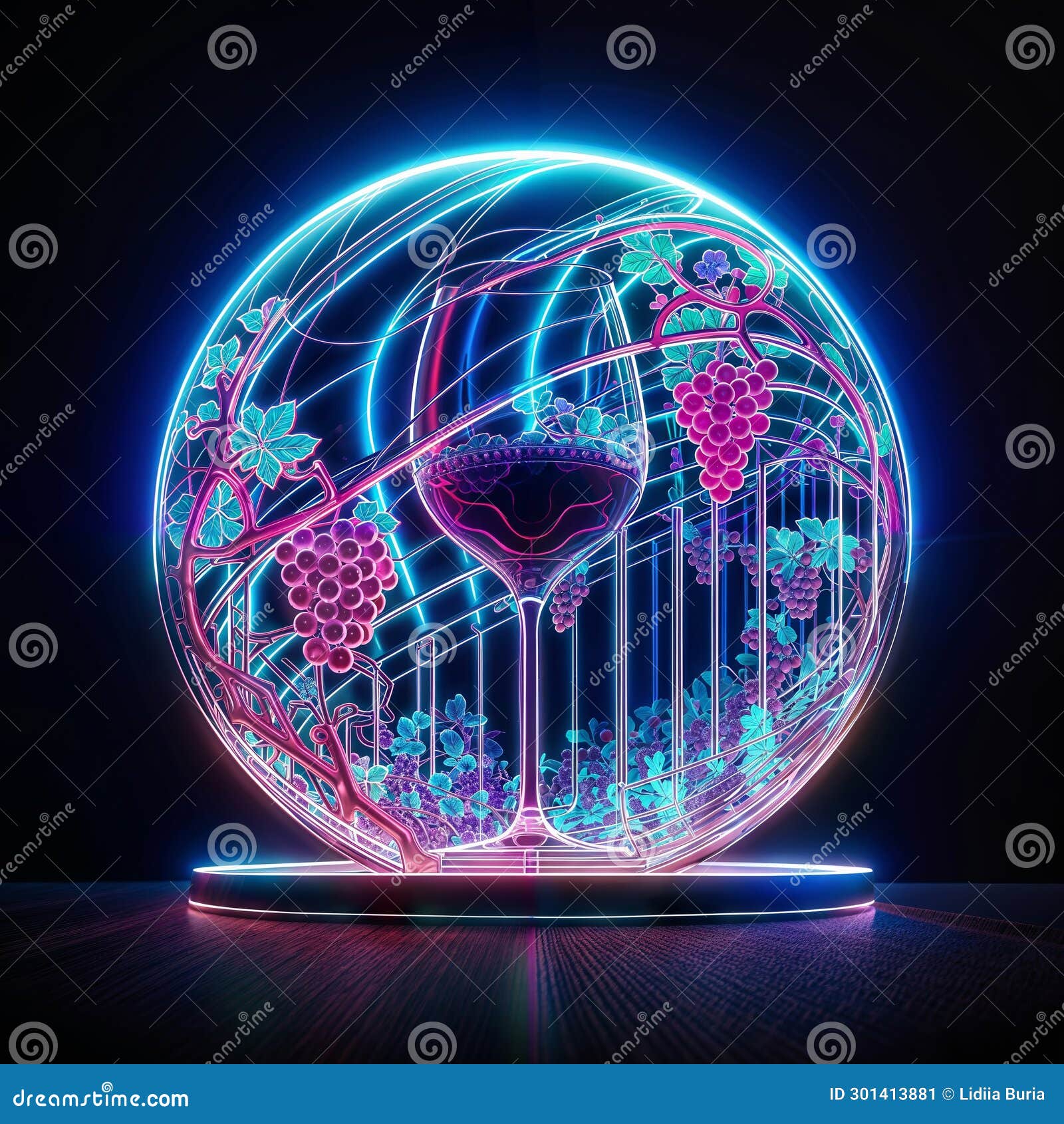 Abstract Glass Sphere with Wine and Grapes on Dark Background. Vector ...