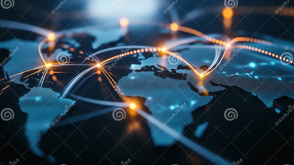Abstract Global Map with Glowing Data Streams Stock Photo - Image of ...