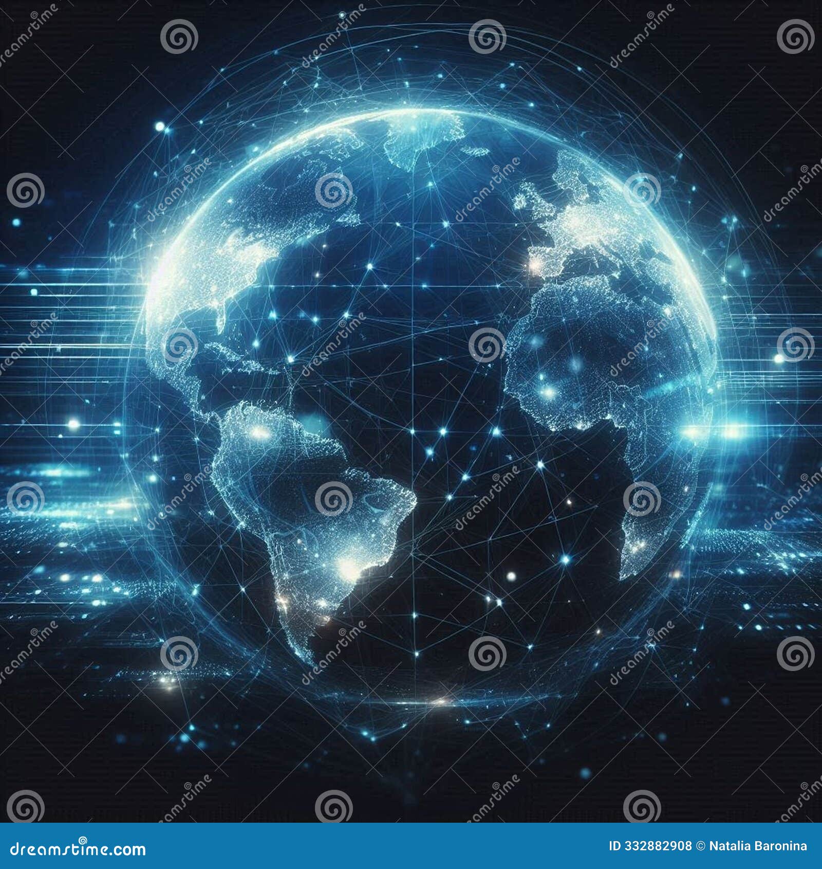 Abstract Global Network Concept with Blue Glowing World Map Cyber ...