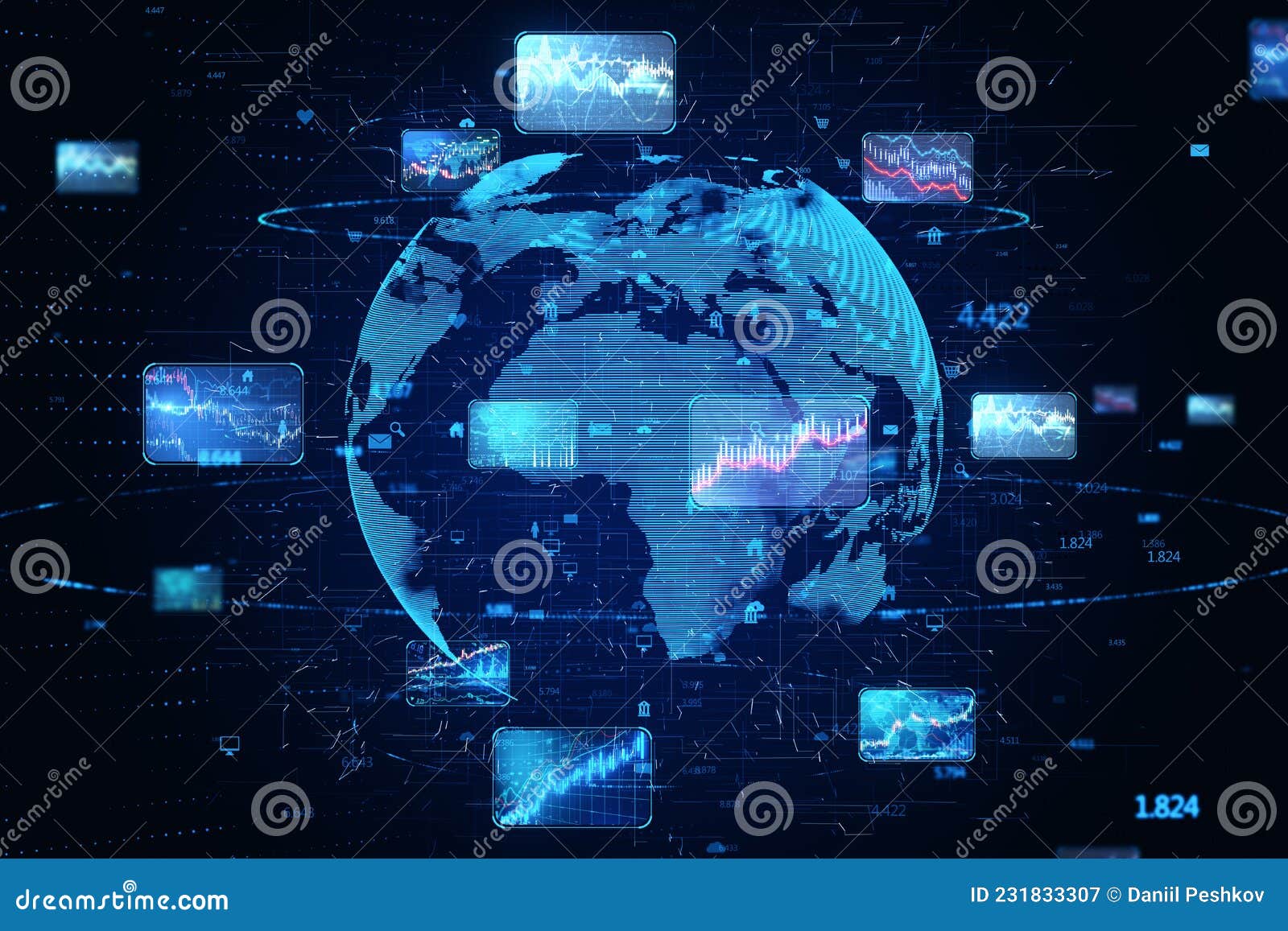 Abstract Globe with Forex Charts and Graphs on Background. Global ...