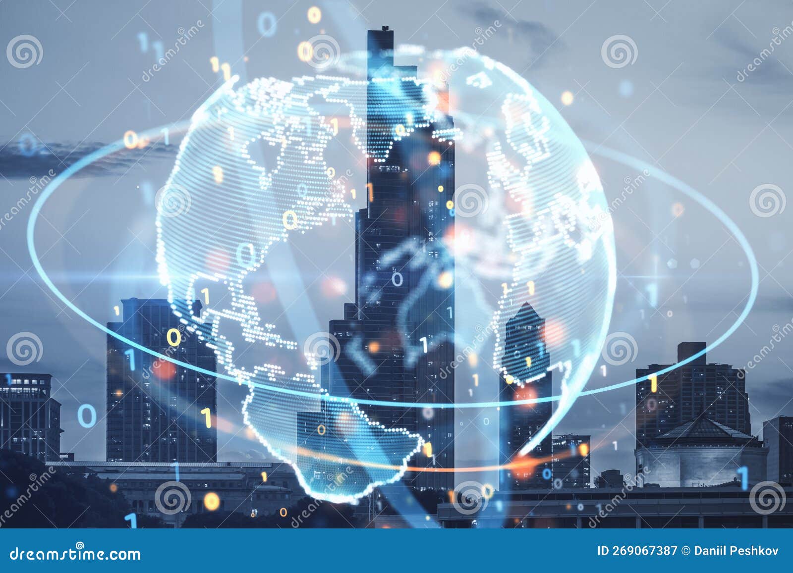 Abstract Globe Sphere with Coding and Polygonal Network on Blurry City ...