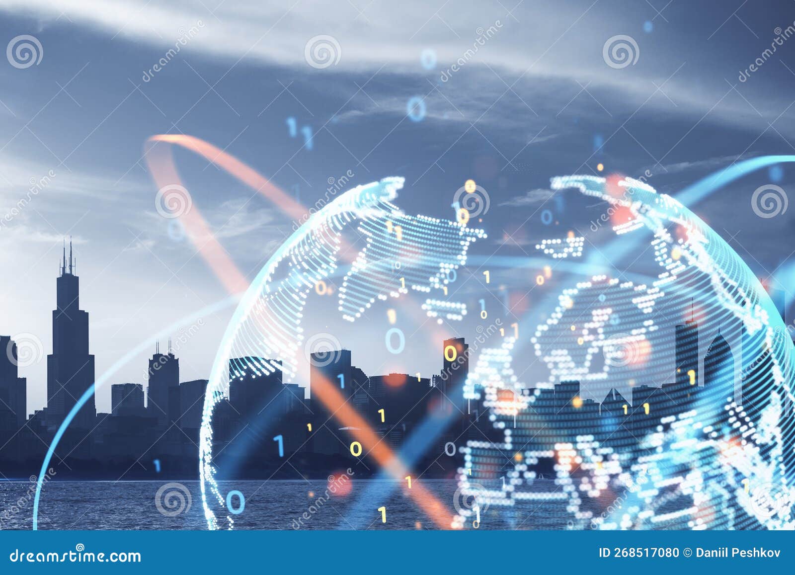 Abstract Globe Sphere with Coding and Polygonal Network on Blurry City ...