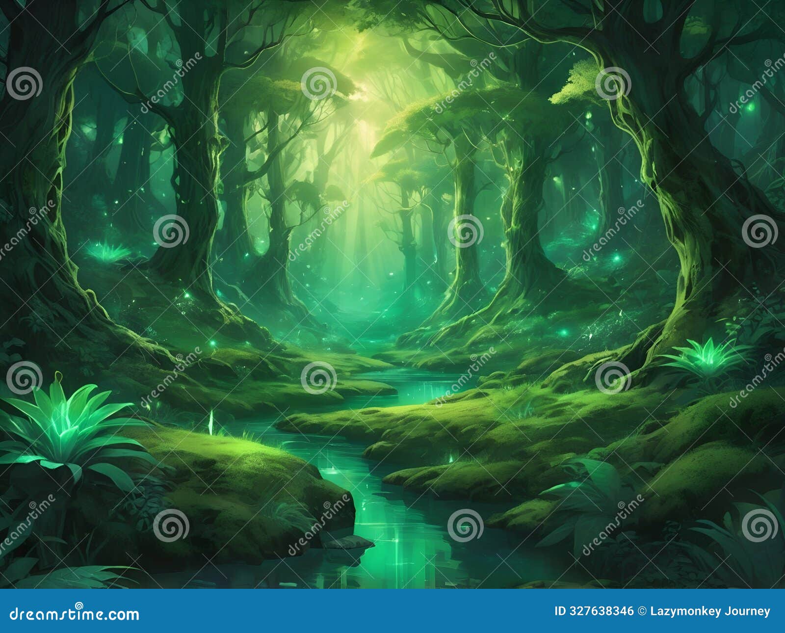 Abstract Glow Light Green Lush Forest Fantasy Landscape Background Stock Illustration ...
