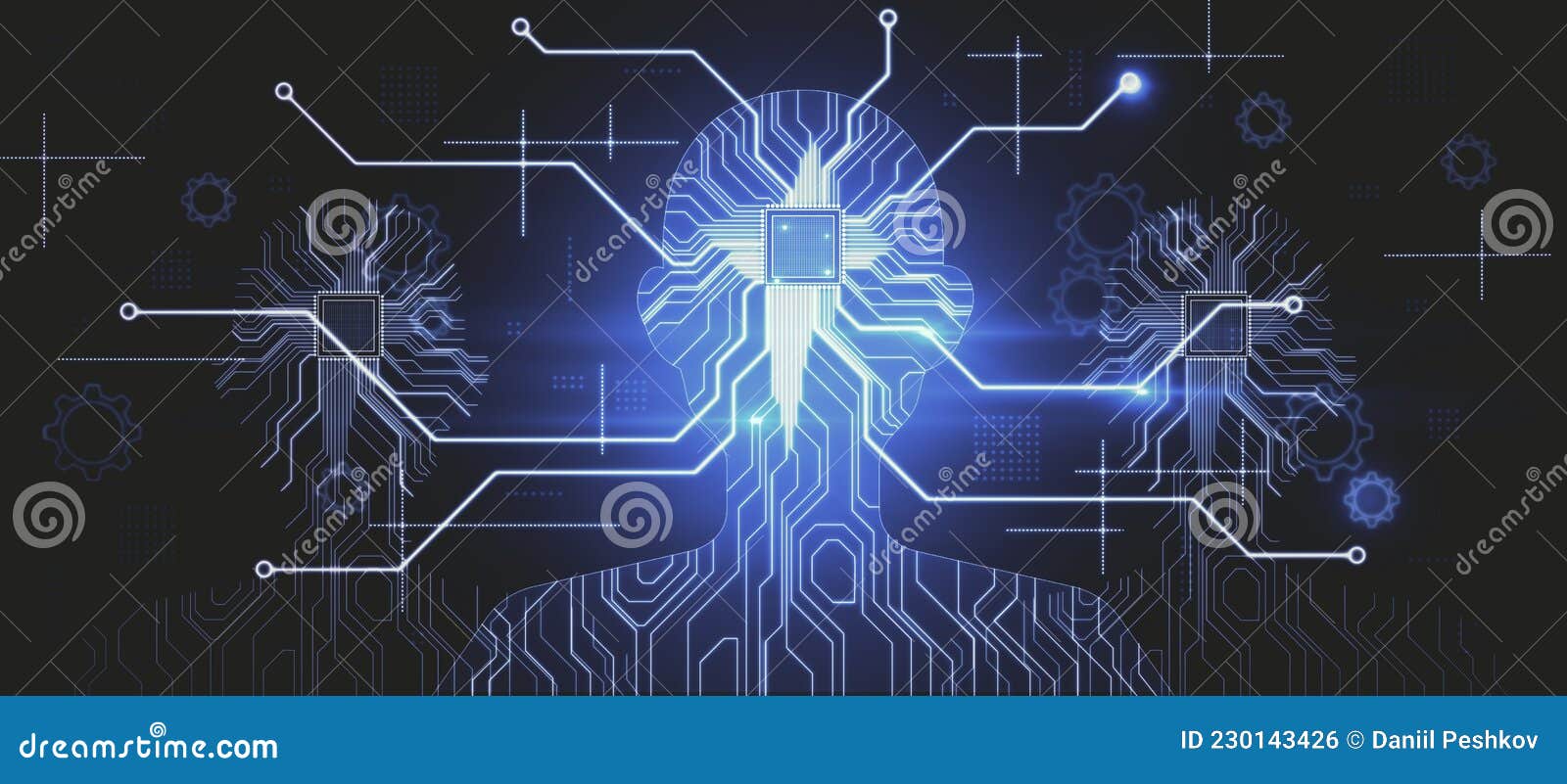 Abstract Glowing Blue AI Chip Panoramic Interface on Dark Backdrop ...