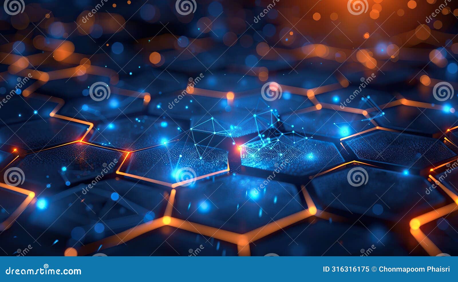 Abstract Glowing Blue and Orange Neural Network on a Hexagonal ...