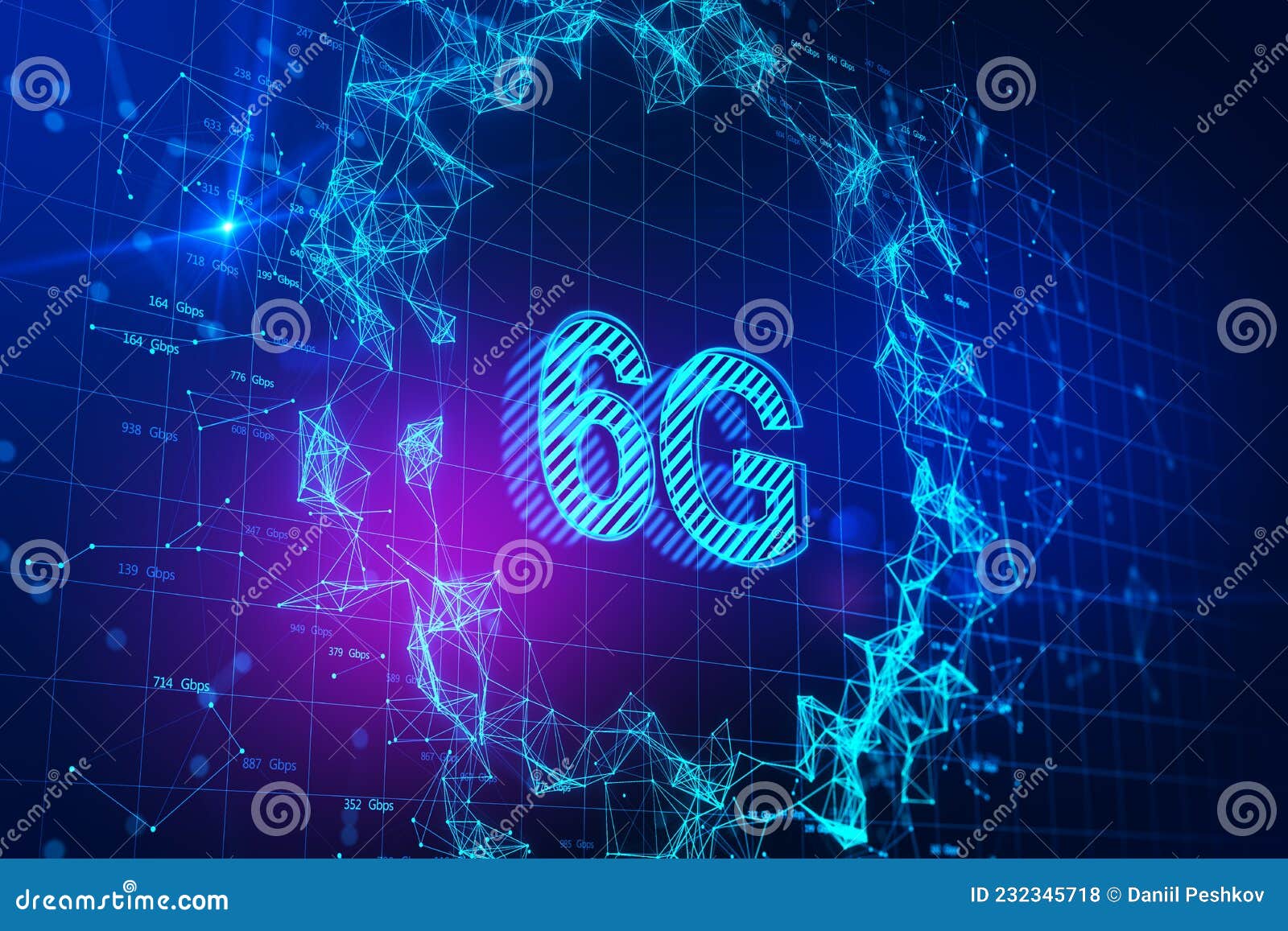 Abstract Glowing Blue Polygonal 6G Hologram on Blurry Backdrop ...