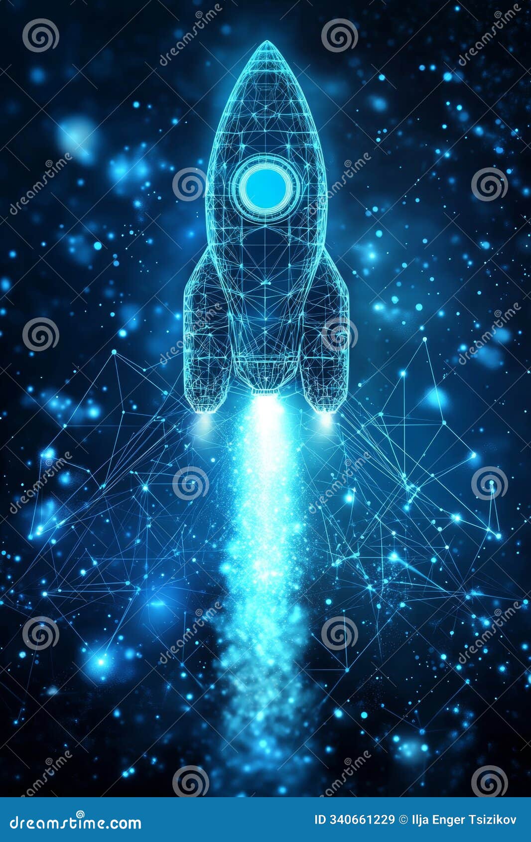 Abstract Glowing Blue Rocket Launch with Network Connection Lines and ...