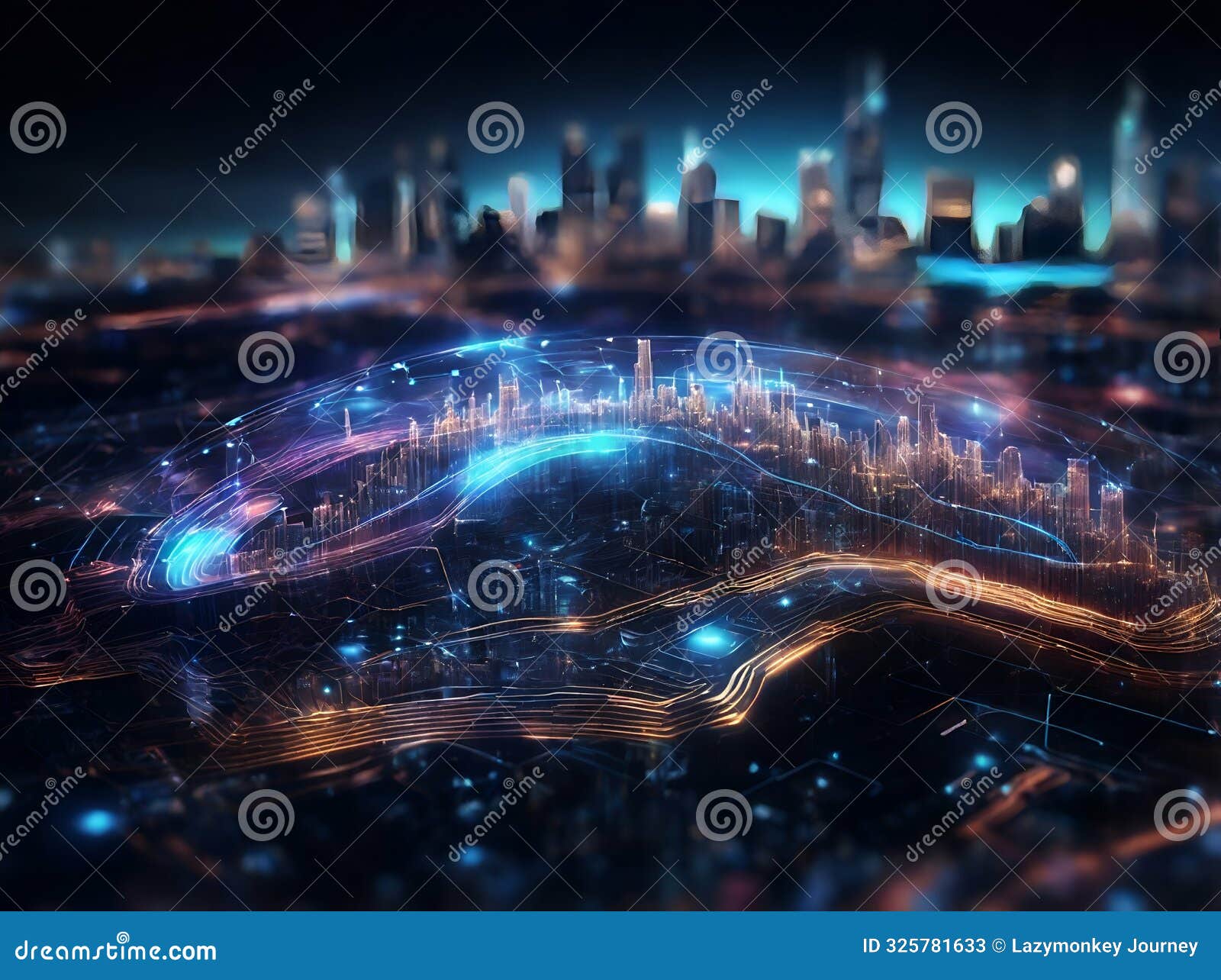 Abstract Glowing Blurred Skyline at Night Circuit Board. Biometric Scanning, Identification ...