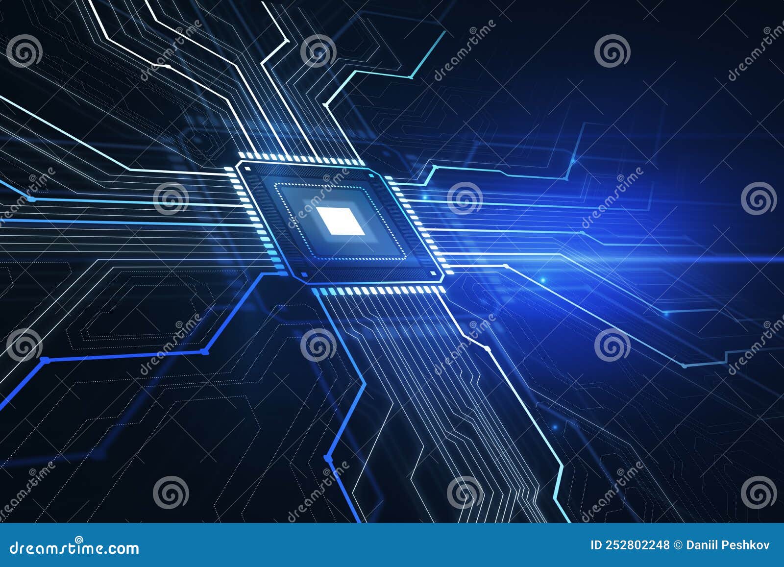 Abstract Glowing Chip Circuit Hologram on Backdrop. CPU and Metaverse ...