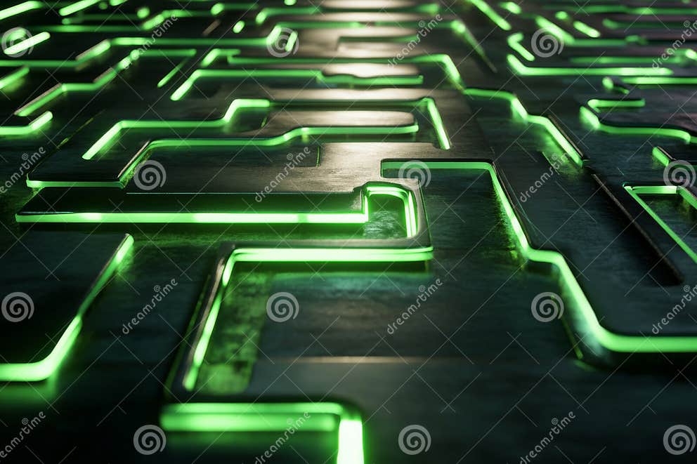 Abstract Glowing Circuit Pattern, Intricate Green Pathways Illuminated ...