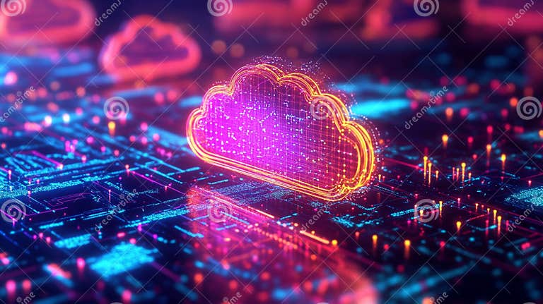 Abstract Digital Cloud Network Neon Glowing Lines Technology Data Circuit Board Background Web ...