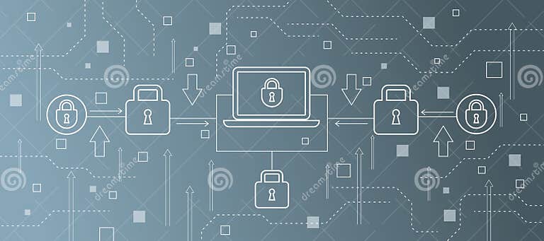 Abstract Glowing Computer Network and Lock Icons on Grey Background ...