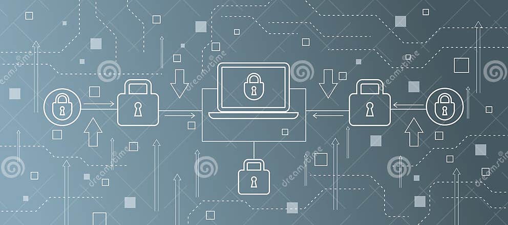 Abstract Glowing Computer Network and Lock Icons on Grey Background ...