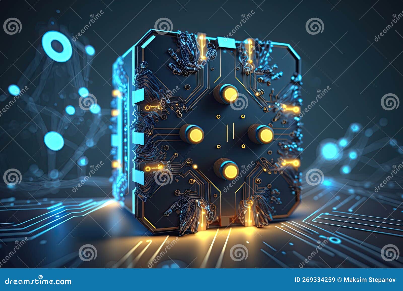 Abstract Glowing Cube on Blue Background. Electronic Device. Generative ...