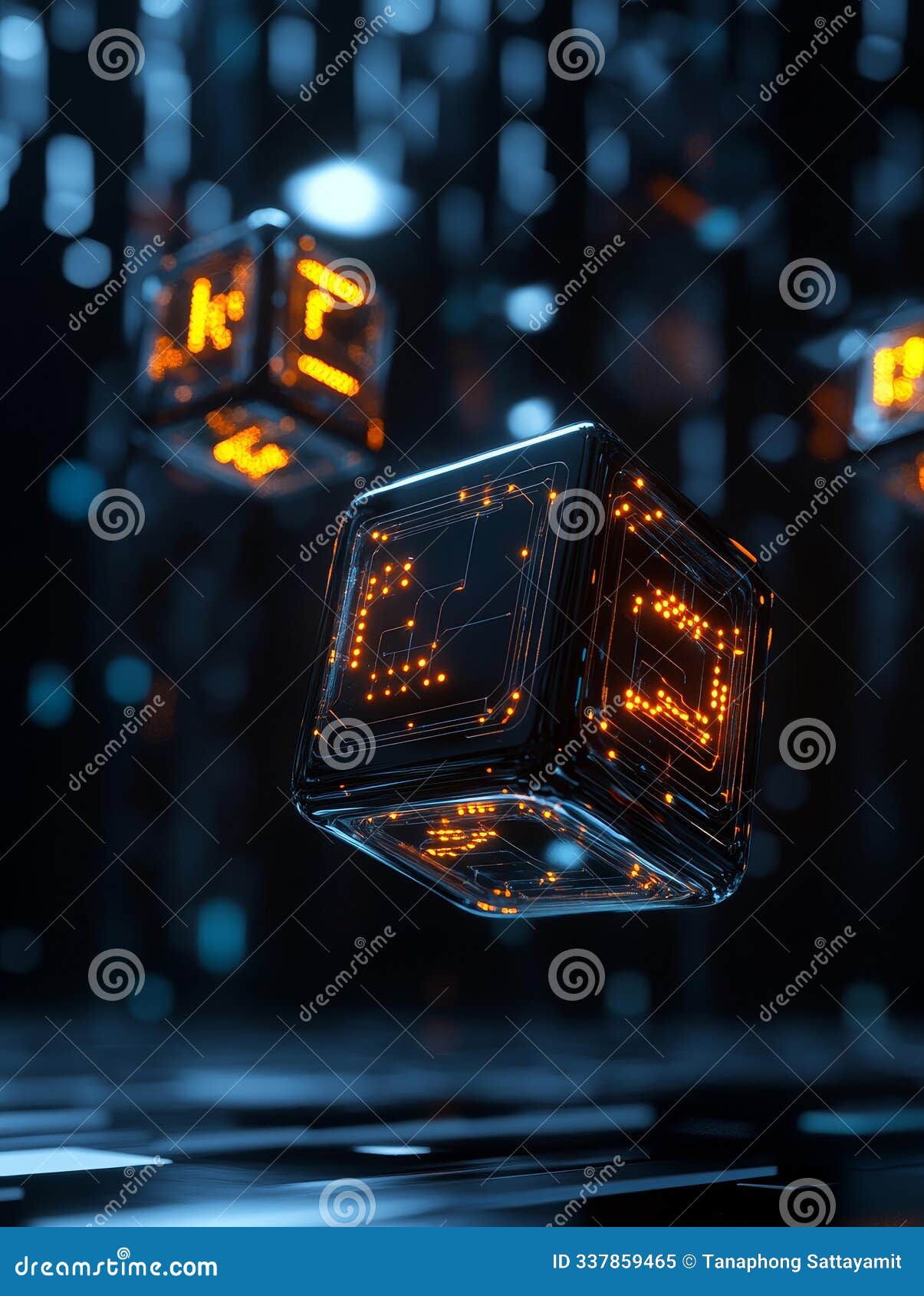 Abstract Glowing Cubes with Circuit Motifs Float in a Futuristic Space ...