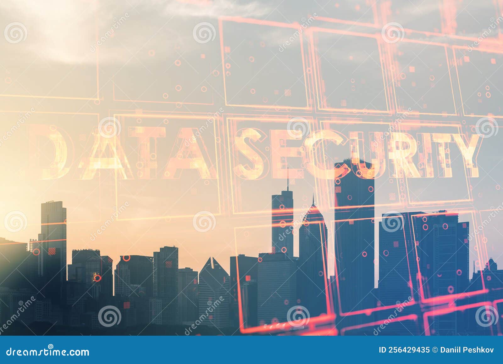Abstract Glowing Cubes Data Security Text Hologram on Blurry City Backdrop. Technology ...