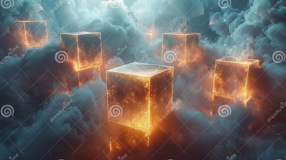 Abstract Glowing Cubes Emerge from Swirling Clouds, Symbolizing Digital ...