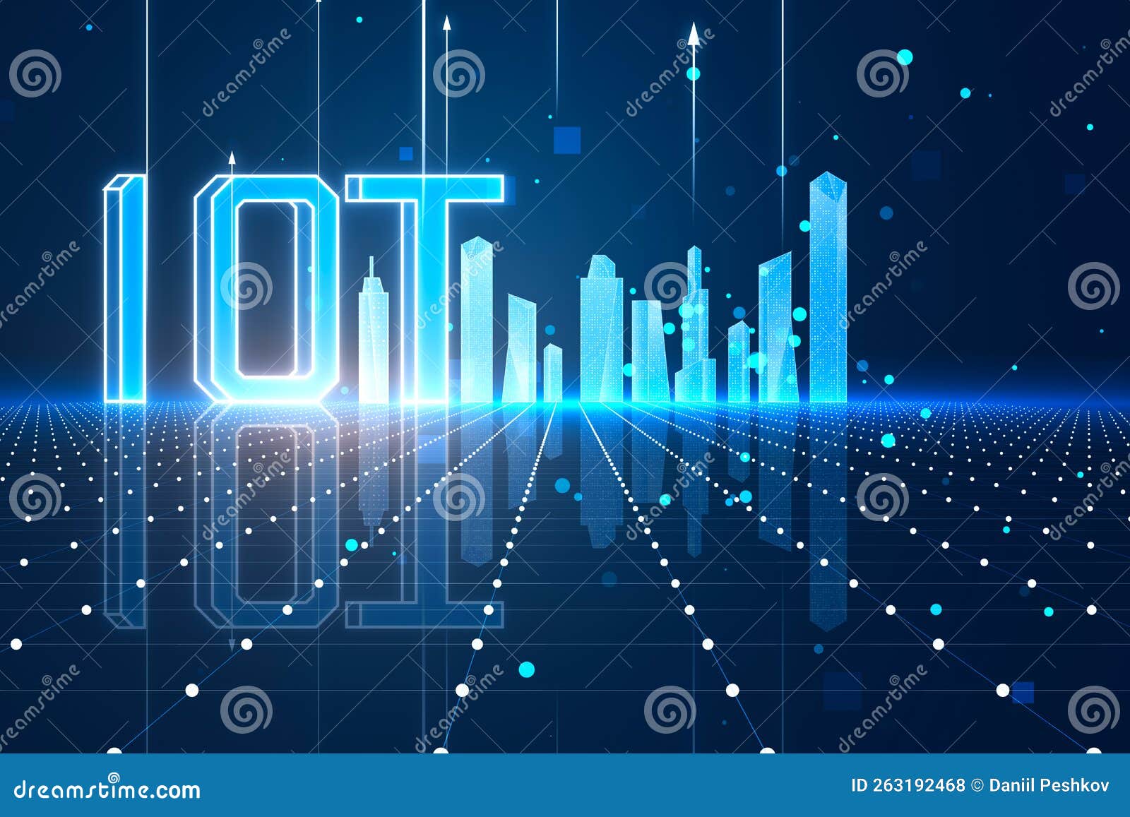 Abstract Glowing Digital Mesh City and Iot Hologram on Blurry Backdrop ...